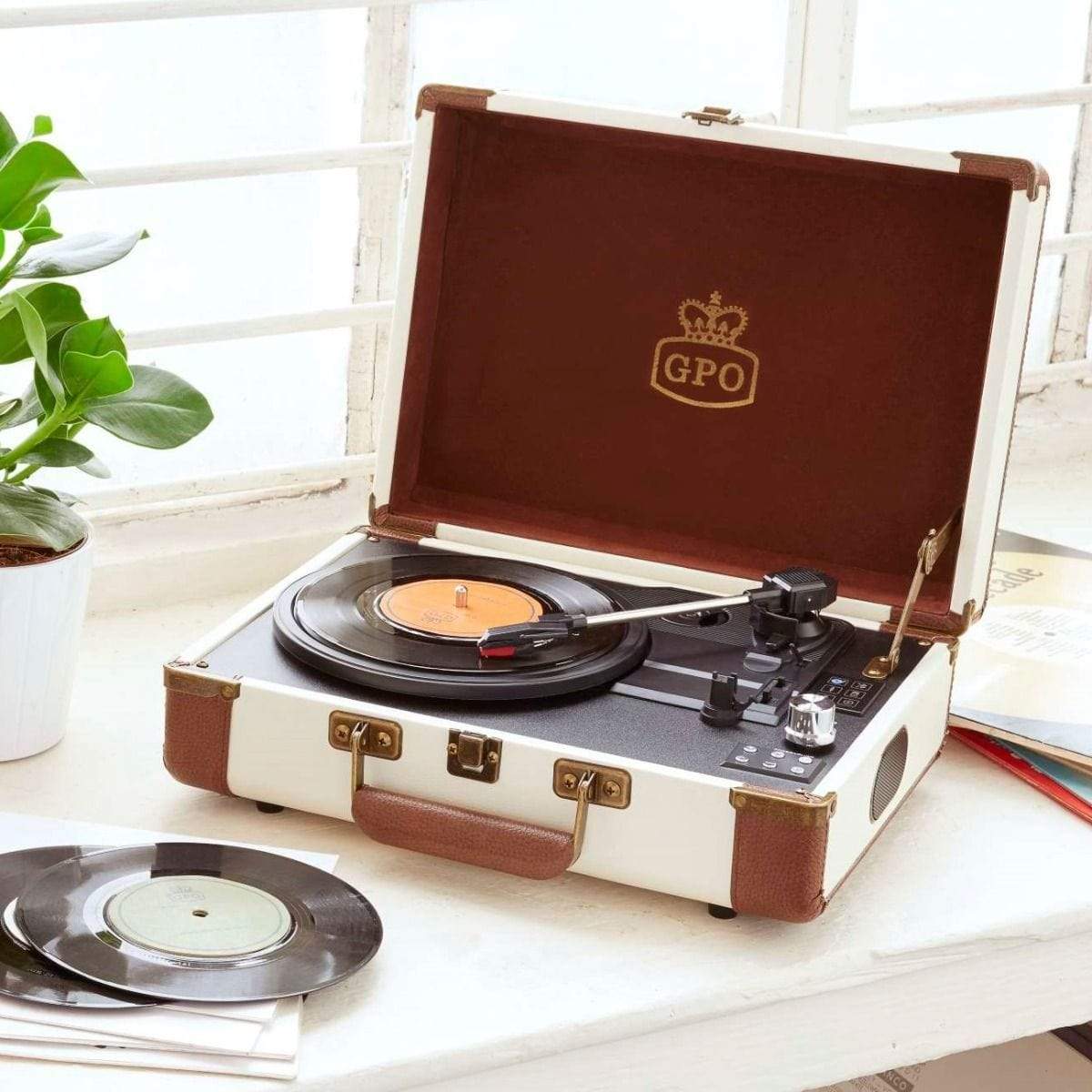 GPO Retro gpo ambassador vinyl record player cream tan | Jomla.ae