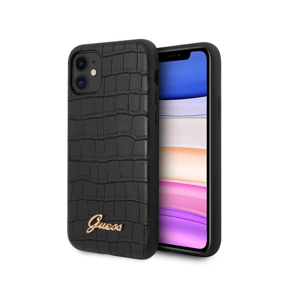 guess pu croco print case with metal logo for iphone 11 black | Jomla.ae