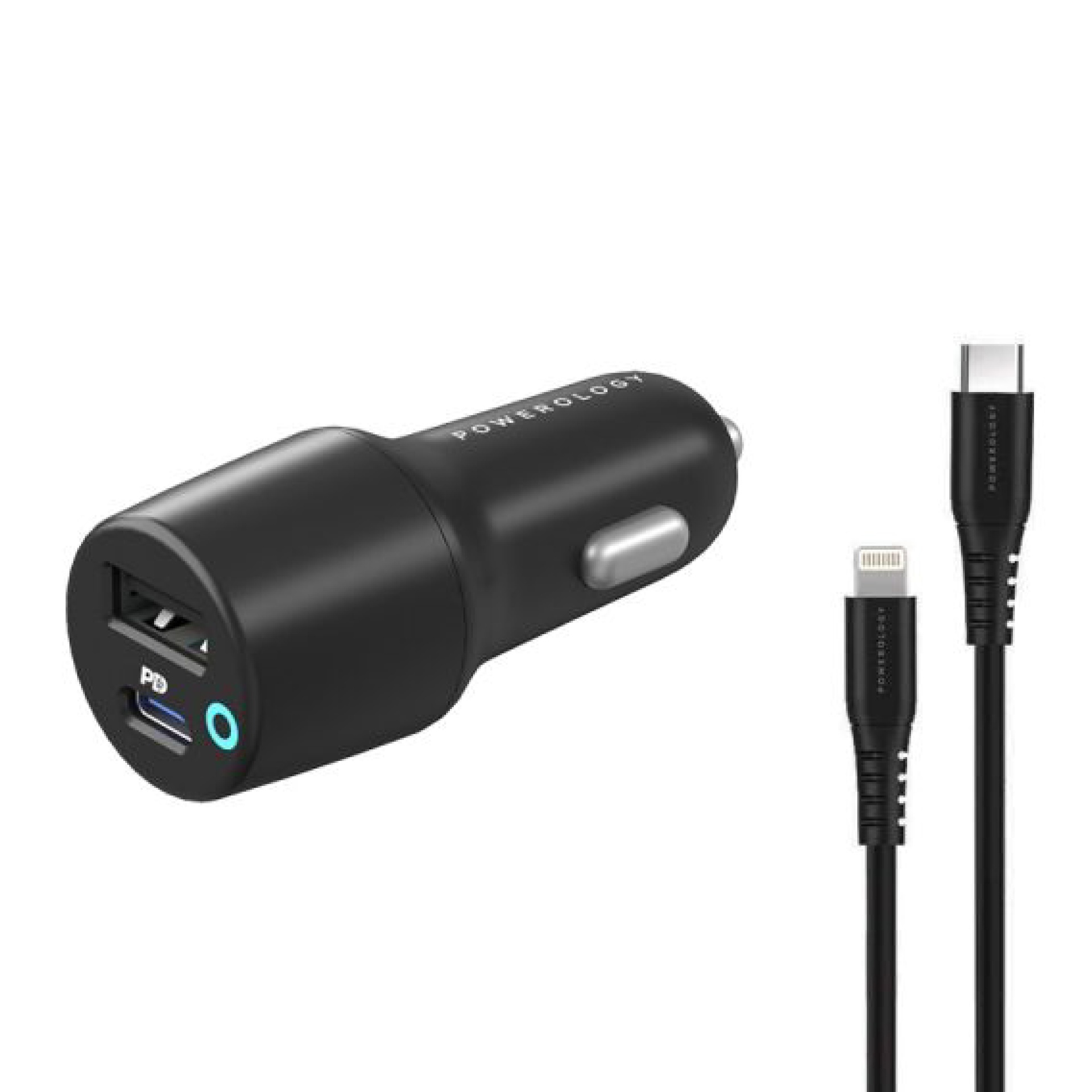 Powerology Dual Port LED Car Charger PD 20W USB-A 12W with Type-C to ...