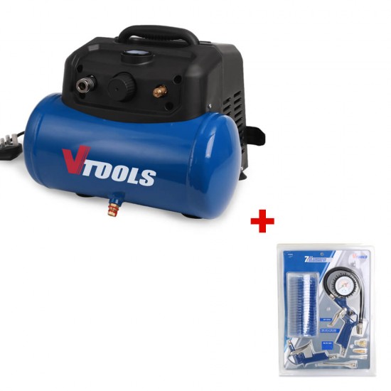 VTOOLS 6 Liter Portable Air Compressor with 1.5 HP Motor + FREE 7PC Air ...