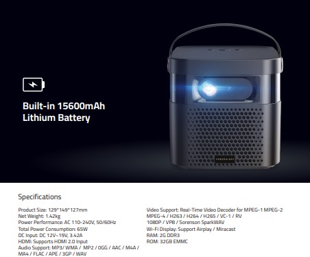 اطلب بروجكتر سنيمائي محمول من بورولوجي الكندية Powerology 4K Portable ...