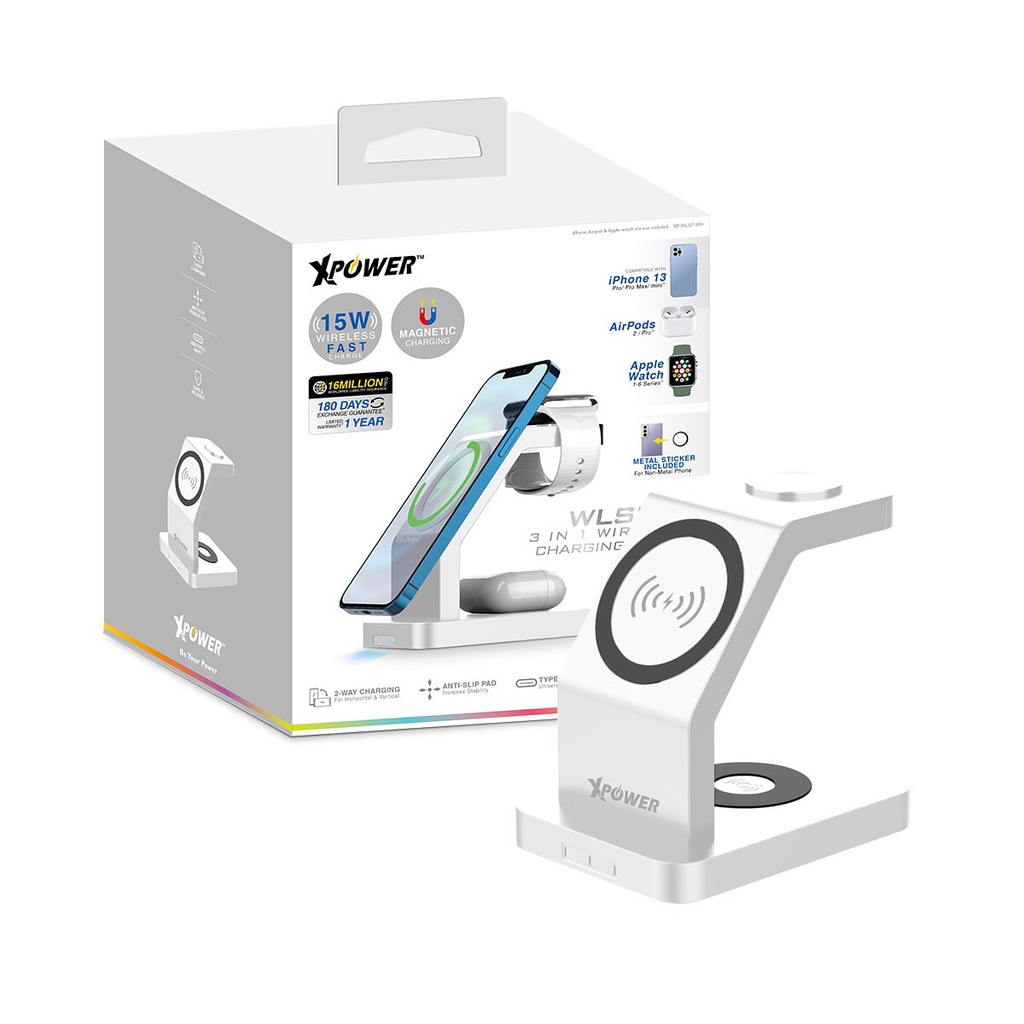Xpower 15w wls7 3-in-1 magnetic wireless charger white | Jomla.ae