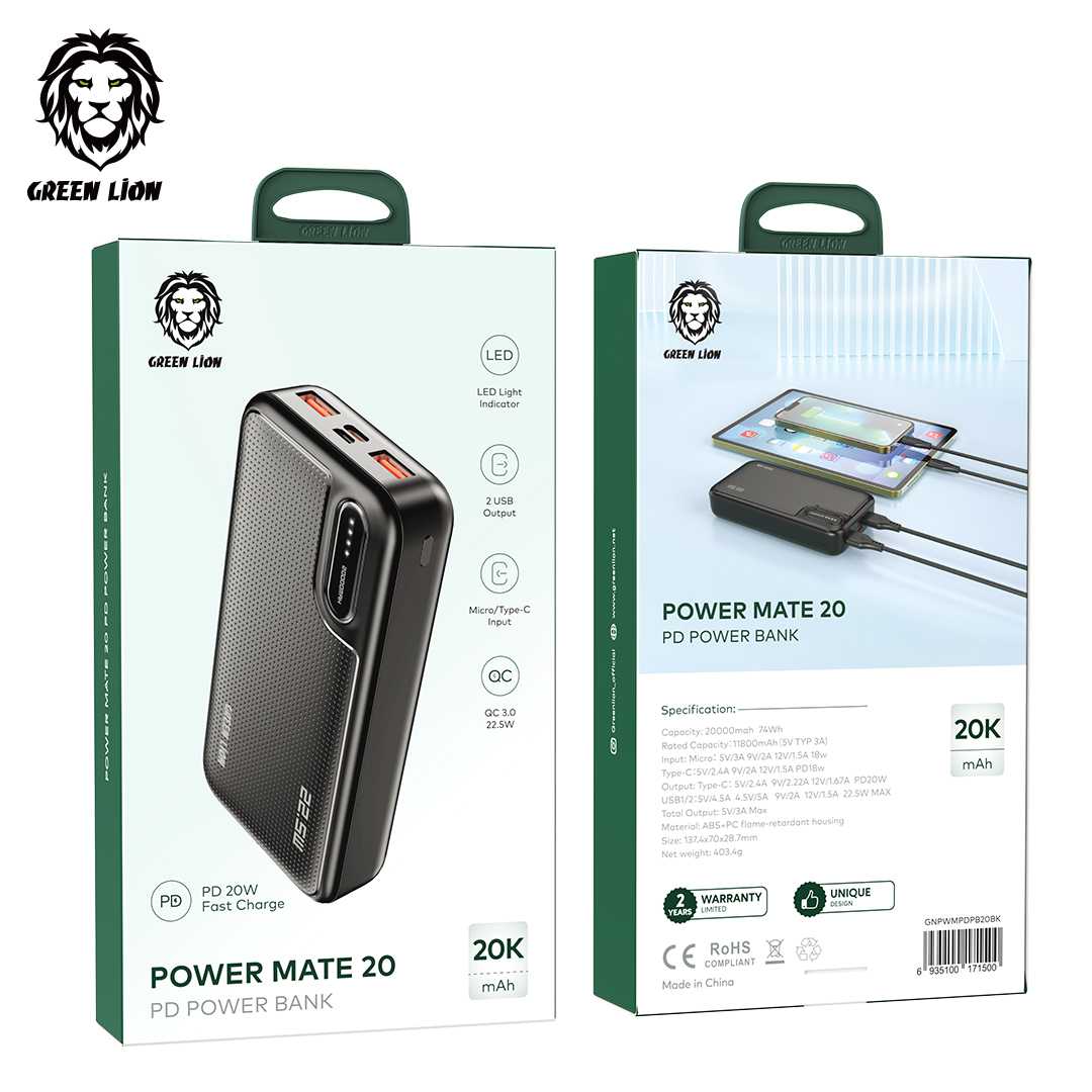 Order Green Lion Power Mate 20 PD Power Bank 20000mAh 20W - Black Now! | Jomla.ae