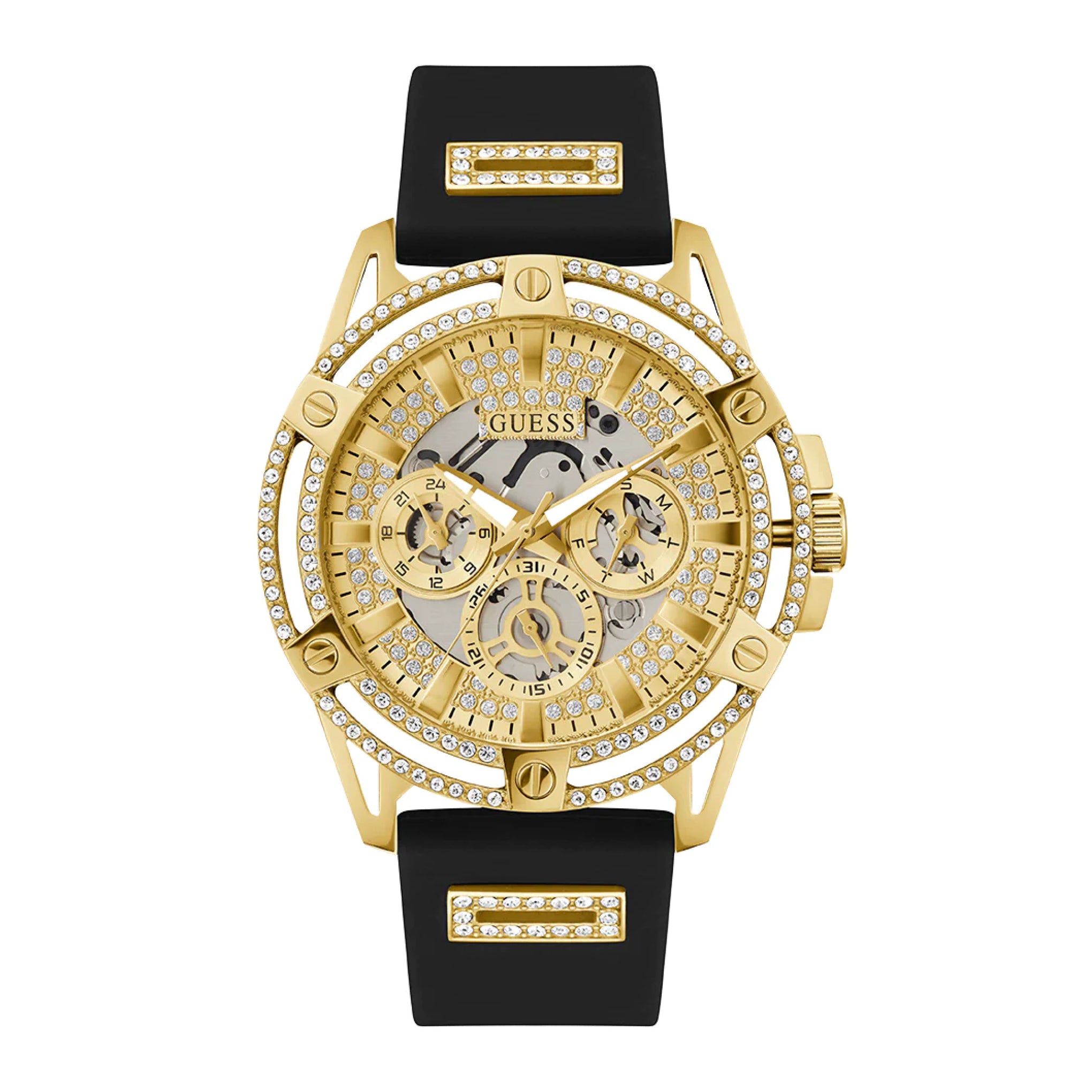 Order Guess Men's Gold With Crystals, Black Crystal-Covered Dial Watch ...