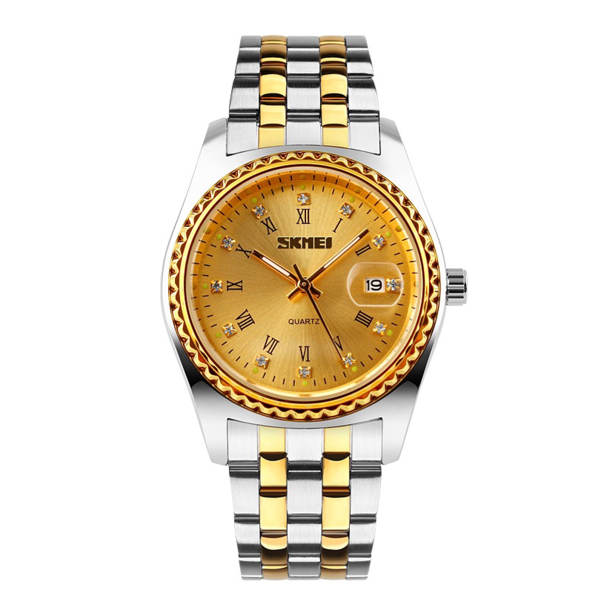 Order Skmei Men's Stainless Steel Quartz Analog Gold Dial Watch - 9098 ...