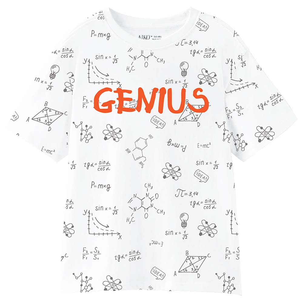 Order Aiko - Boys Stylish Genius Print T-Shirt - White Now! | Jomla.ae
