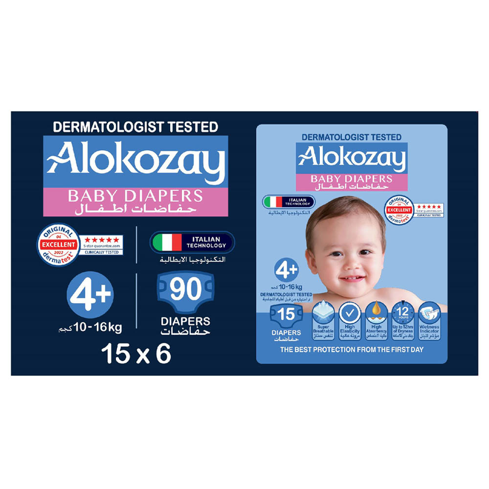 Order Alokozay - Premium Baby Diapers 10-16kg Size 4+ - 15pcs - Pack of 6 Now! | Jomla.ae