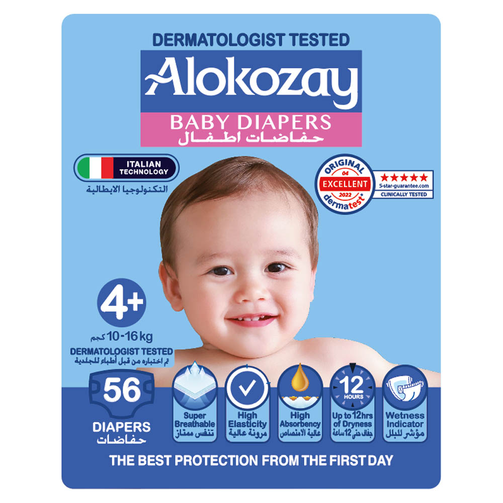 Order Alokozay - Premium Baby Diapers 10-16kg Size 4+ - 56pcs Now! | Jomla.ae