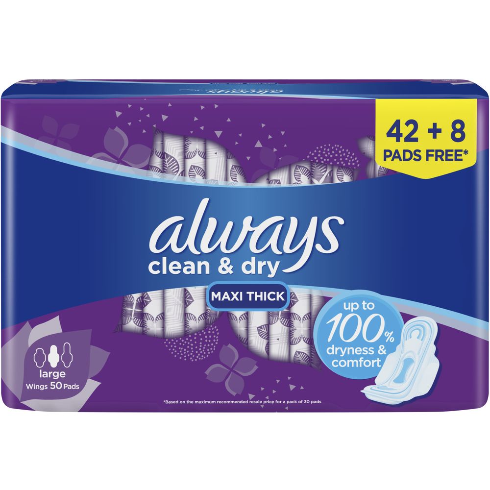 Order Always Clean & Dry Maxi Thick, Large Sanitary Wings, 50 Pads Now ...
