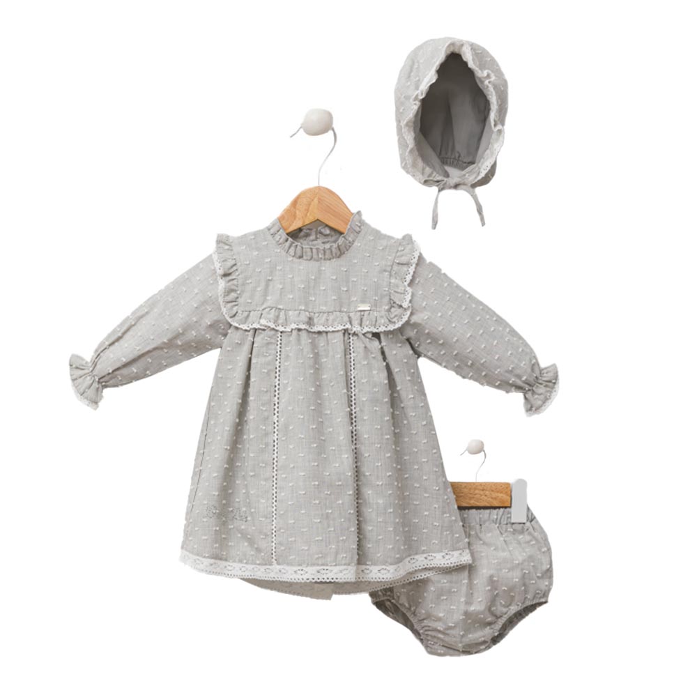 Babydola - 3pc-Set - Baby Dress, Bloomer & Cap - Grey | Jomla.ae