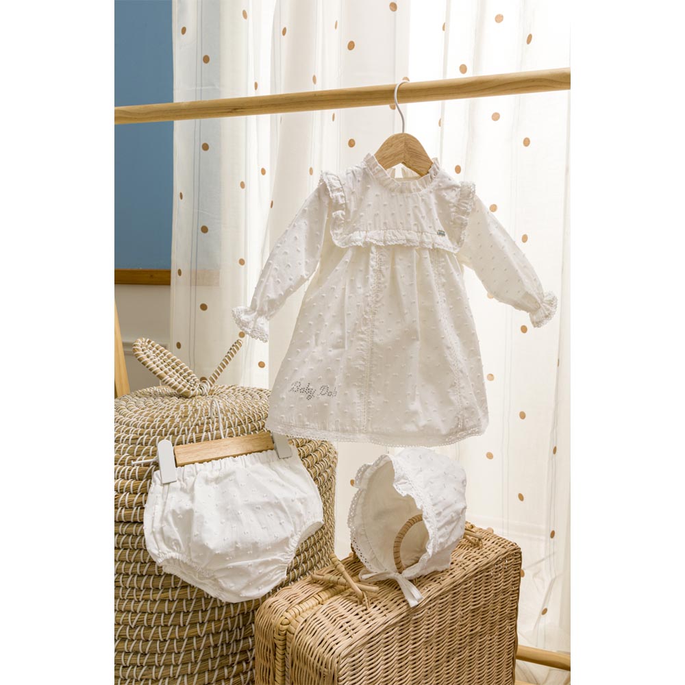 Babydola - 3pc-Set - Baby Dress, Bloomer & Cap - Ivory | Jomla.ae