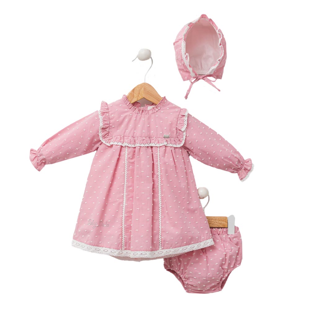 Babydola - 3pc-Set - Baby Dress, Bloomer & Cap - Pink | Jomla.ae