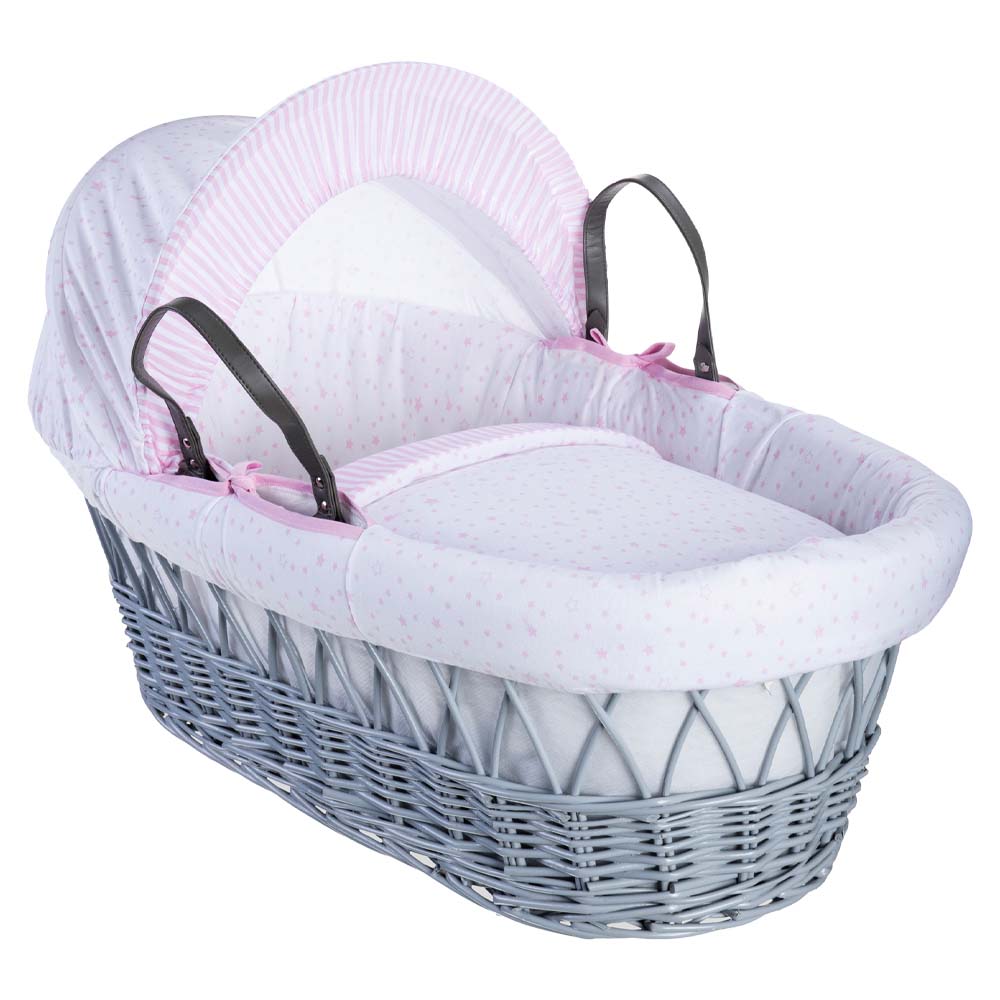 Clair de Lune - Stars & Stripes Grey Wicker Moses Basket - Pink | Jomla.ae