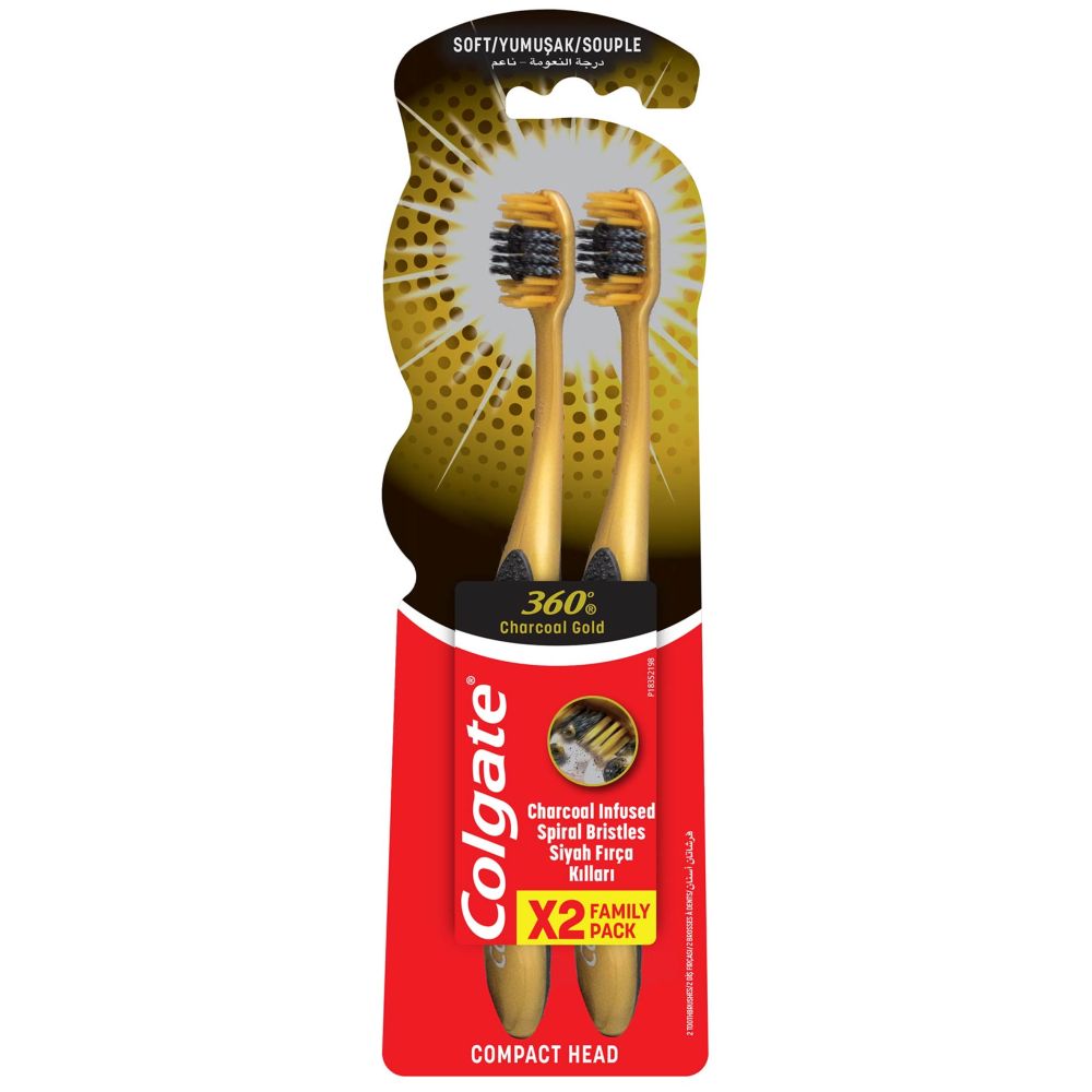 Colgate - 360 Charcoal Gold Black Soft Toothbrush Pack Of 2 | Jomla.ae