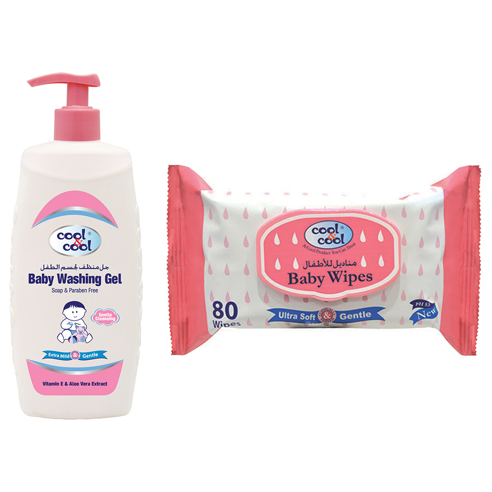 Cool & Cool Baby Washing Gel 500ml + Baby Wipes 80's | Jomla.ae