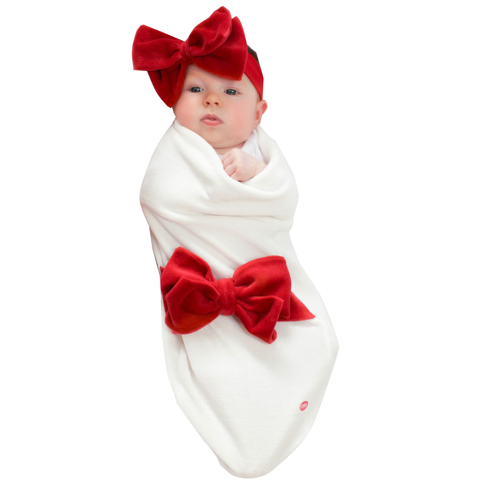 Cozy Cocoon - Baby Cocoon Swaddling - Red Velour Bow - Cream | Jomla.ae