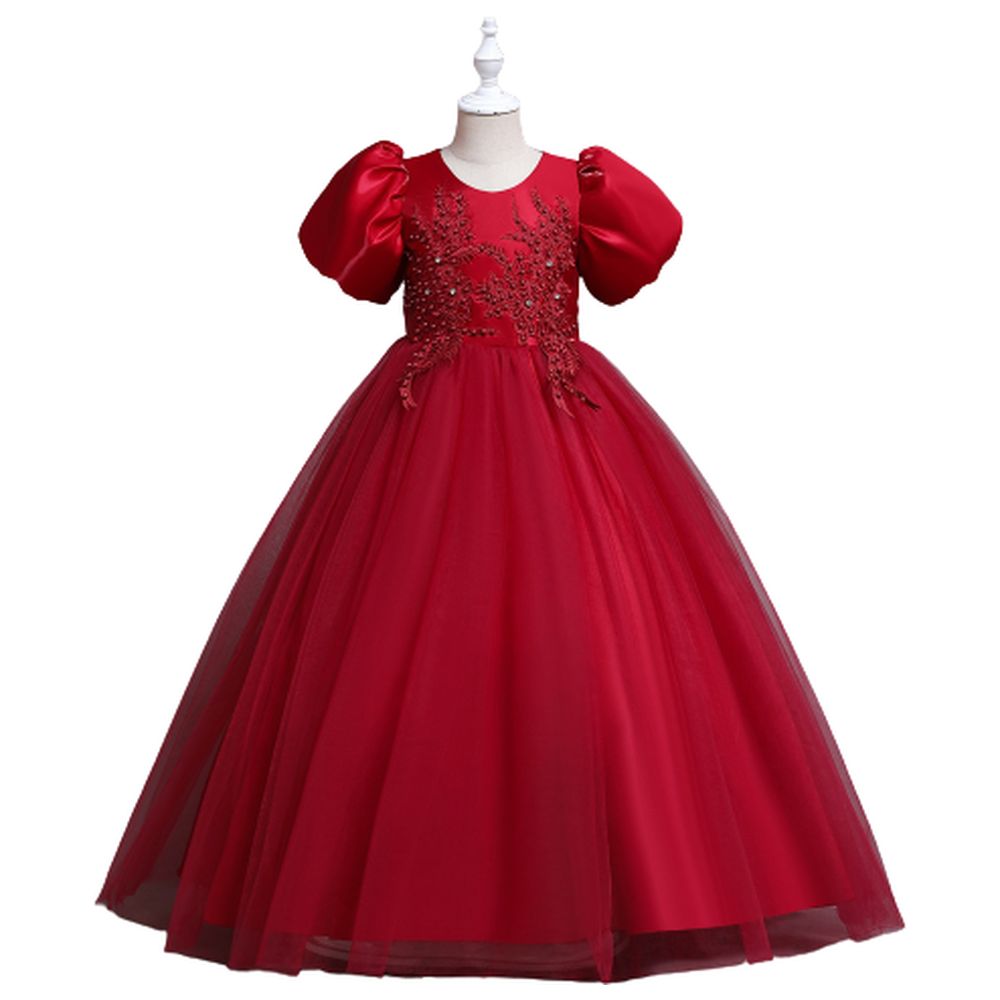 Order D' Daniela - Puff Sleeve Long Tulle Pearl Dress - Red Now! | Jomla.ae