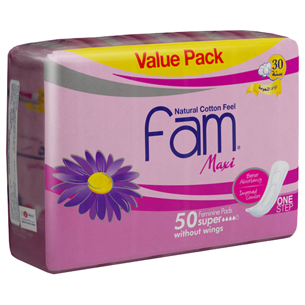 Fam One Step Maxi Thick Non-Wings Super Sanitary Pads 50pcs | Jomla.ae