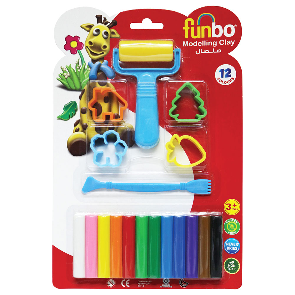 Funbo - Modelling Clay 12 Colours + 4 Moulds + 1 Roller 150g | Jomla.ae