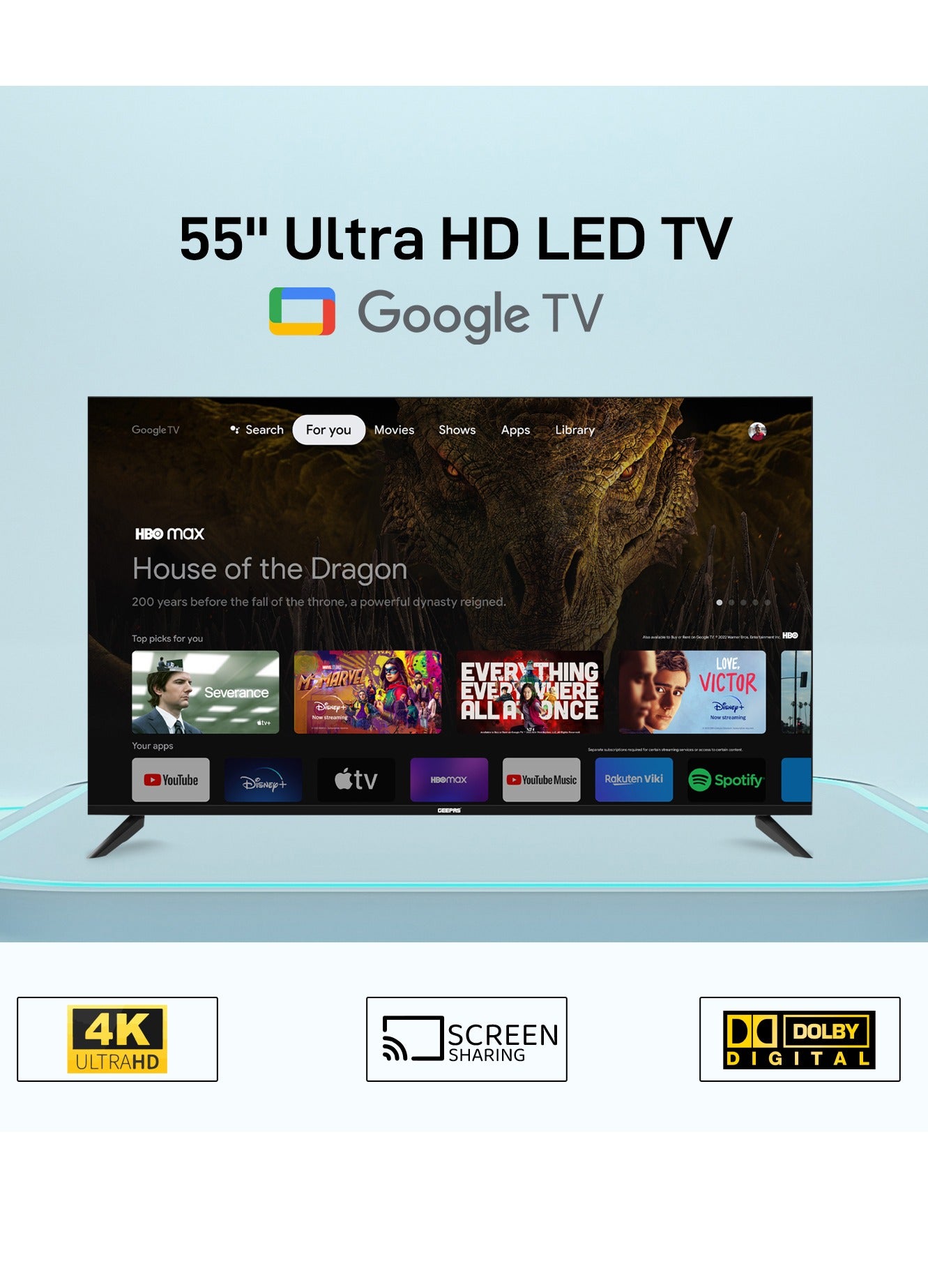 Order Geepas 55'' 4k Uhd, Google, Smart Led Tv With Remote Control, Wall Mount Bracket, 2 Usb ...