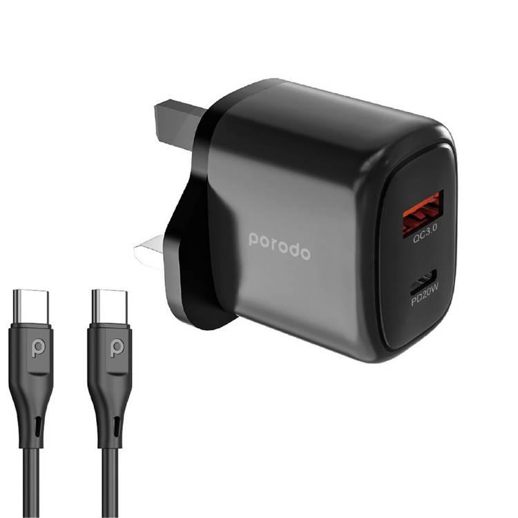 Order Porodo Dual Output Quick Charger USB-C PD and USB-A QC - Black Now! | Jomla.ae