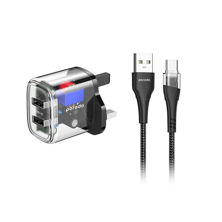 Order Porodo Dual Output Transparent Charger With USB-A To Type-C Cable - 1.2M Now! | Jomla.ae